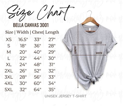 Bella Canvas 3001 Size Chart Tshirt Size Chart Unisex Jersey Shirt Size