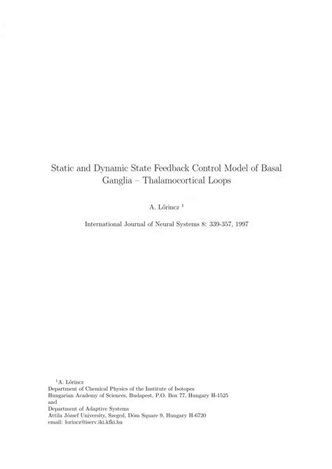 Pdf Static And Dynamic State Feedback Control Model Of Basal Ganglia