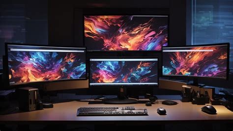 a dimly lit room with a large desk and multiple computer monitors