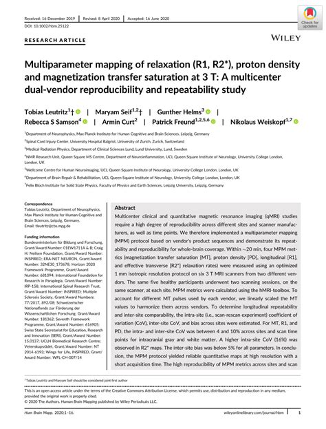 Pdf Multiparameter Mapping Of Relaxation R1 R2 Proton Density And Magnetization Transfer