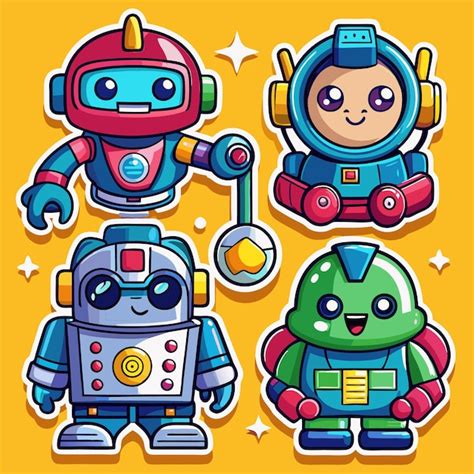 Four Cute Robots With Friendly Faces On A Yellow Background Premium