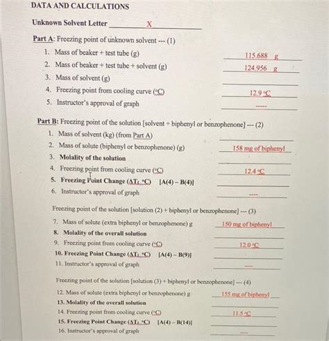 solved data and calculations unknown solvent letter x part