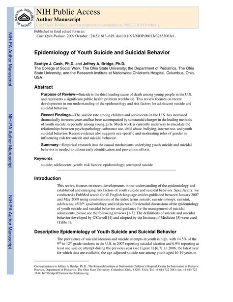 Pdf Epidemiology Of Youth Suicide And Suicidal Behavior