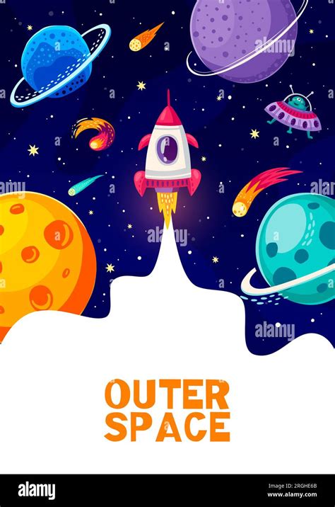 Cartoon Space Flyer With Rocket Launch To Galaxy Planets And Alien Ufo