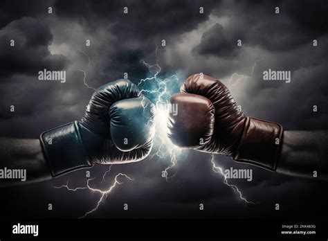 Boxing Fight Close Up Of Two Fists Hitting Each Other Over Dark Stock Photo Alamy