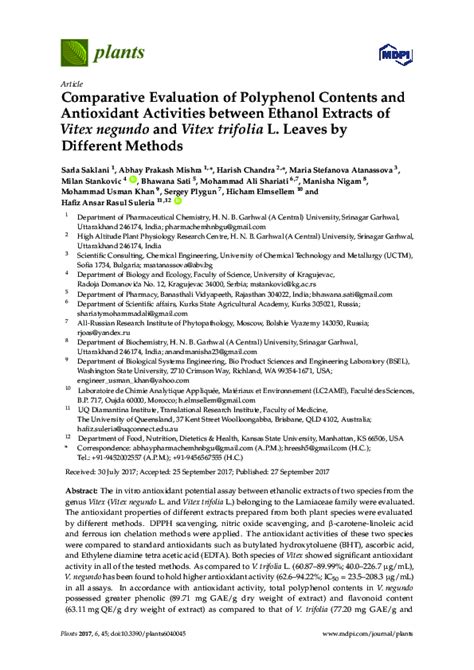 Pdf Comparative Evaluation Of Polyphenol Contents And Antioxidant Activities Between Ethanol