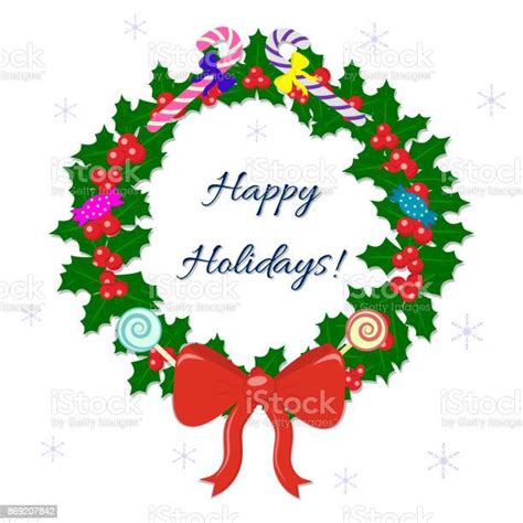 붉은 열매와 함께 홀리의 크리스마스 화 환 녹색 잎 붉은 나비 사탕과 과자 겨울에 대한 스톡 벡터 아트 및 기타 이미지 겨울