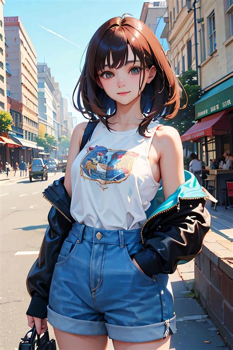 Anime Girl In Short Shorts And A White Shirt Standing On A City Street