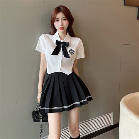 [당일배송] 여름 스쿨룩 반팔 셔츠 리본 넥타이 주름 치마 교복 코디세트