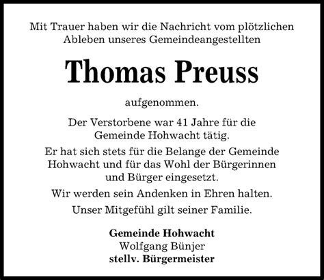 Traueranzeigen Von Thomas Preuss Trauer Anzeigende