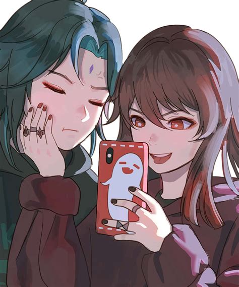 Hu Tao And Xiao Playful Selfie Anime Wallpaper Background Free