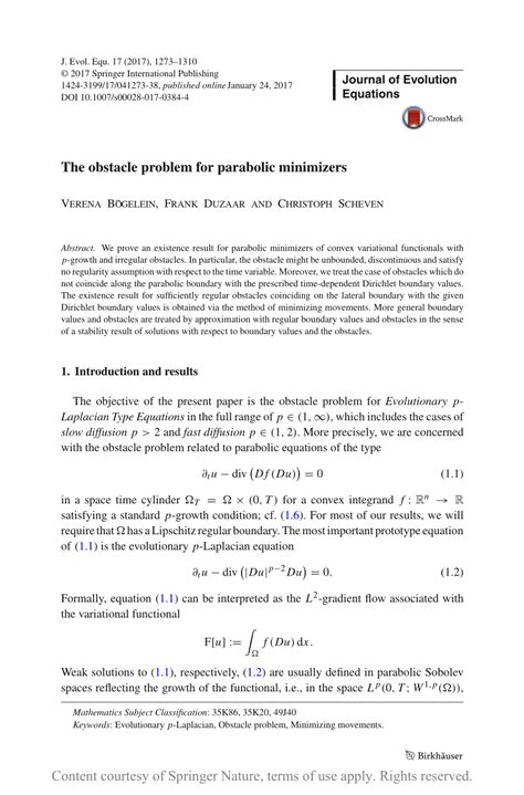 The Obstacle Problem For Parabolic Minimizers Request Pdf