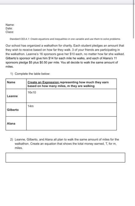 solved name date class standard ced a 1 create