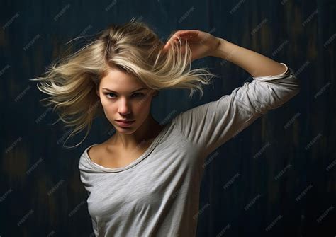 Premium Ai Image Blond Woman Long Hair Gray Shirt Posing Windy Flipped Out Upper Body Avatar