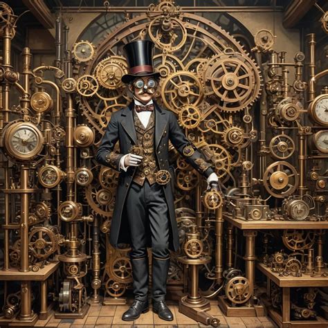 A Clockwork Powered Steampunk Automaton With Gears And Cogs Wearing A