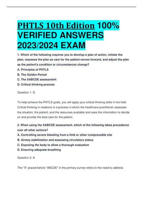 Phtls 10th Edition 100 Verified Answers 20232024 Exam Guaranteed Pass
