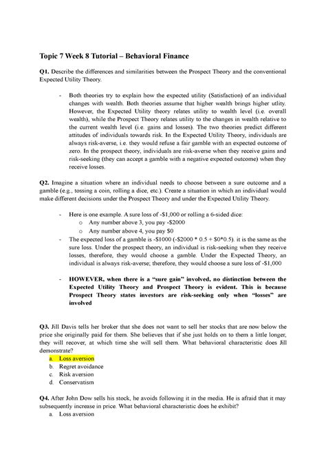 Week 8 Tut Qs Notes Topic 7 Week 8 Tutorial Behavioral Finance Q1 Describe The