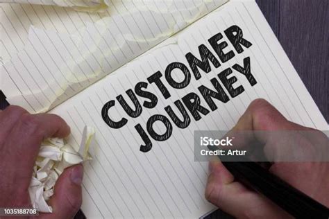 고객 여행 보여주는 텍스트 기호 조직 및 고객 사람 사이의 상호 작용의 개념 사진 제품 표식 노트북 들고 구겨진 종이 찢어진된 페이지 실수 여행 개념에 대한 스톡 사진 및
