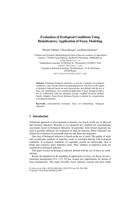 Pdf Evaluation Of Ecological Conditions Using Bioindicators