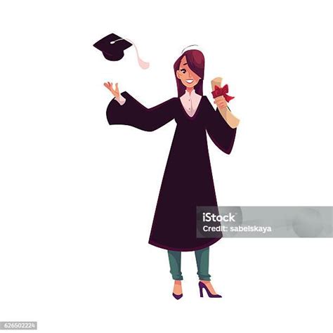 모자를 던지고 졸업장을 들고 있는 전통적인 가운을 입은 여학생 졸업식에 대한 스톡 벡터 아트 및 기타 이미지 졸업식 던지기 학사모 Istock