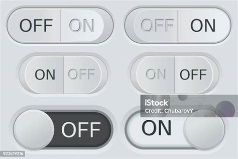 On과 Off 토글 스위치 버튼입니다 회색 플라스틱 인터페이스에 흑인과 백인 웹 아이콘 3차원 형태에 대한 스톡 벡터 아트 및 기타 이미지 3차원 형태 그래픽 사용자