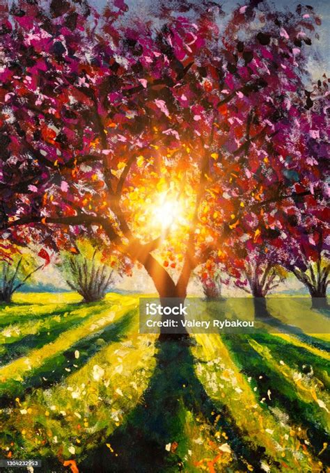 캔버스에 원래 유화 햇볕이 잘 드는 풍경 아름다운 이른 봄 봄 풍경 현대 인상주의 그림 일본에 대한 스톡 벡터 아트 및 기타 이미지 Istock