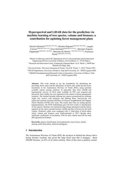 Pdf Hyperspectral And Lidar Data For The Prediction Via Machine