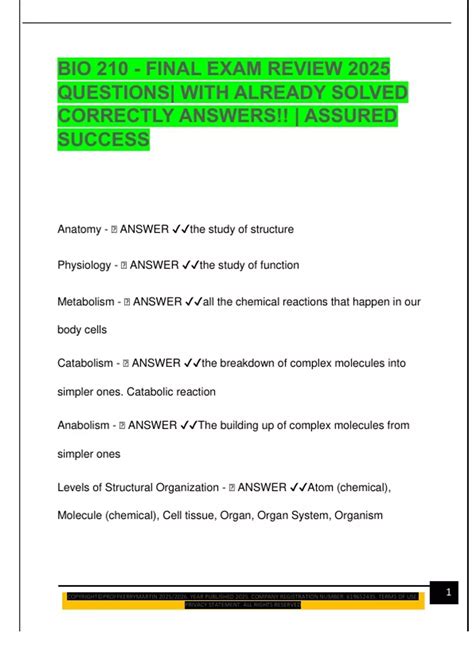 Bio 210 Final Exam Review 2025 Questions With Already Solved