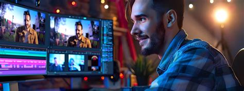 Young Man Enthusiastically Editing Video On Multiple Screens In