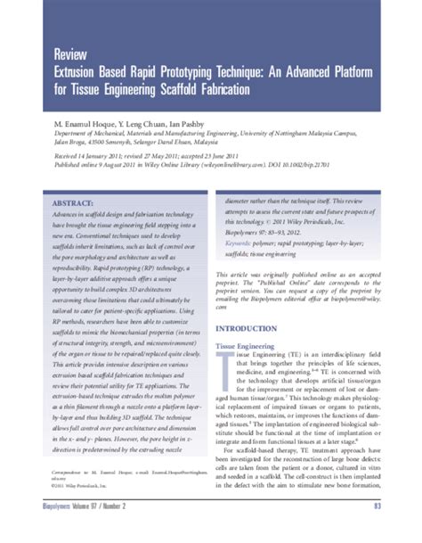 Pdf Extrusion Based Rapid Prototyping Technique An Advanced Platform For Tissue Engineering