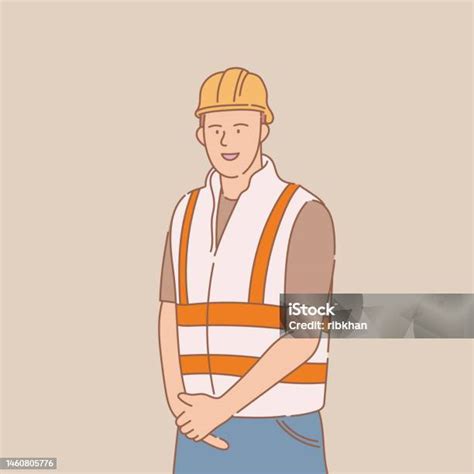 노란색 헬멧과 안전 재킷을 입고 윤곽선이나 선이 있고 깔끔한 심플한 스타일로 서 있는 엔지니어 엔지니어에 대한 스톡 벡터 아트 및 기타 이미지 Istock