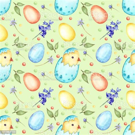 녹색 배경에 닭 부활절 달걀과 꽃의 이미지와 원활한 수채화 패턴 엽서 초대장 인쇄를 위한 디자인 4월에 대한 스톡 벡터 아트 및 기타 이미지 Istock
