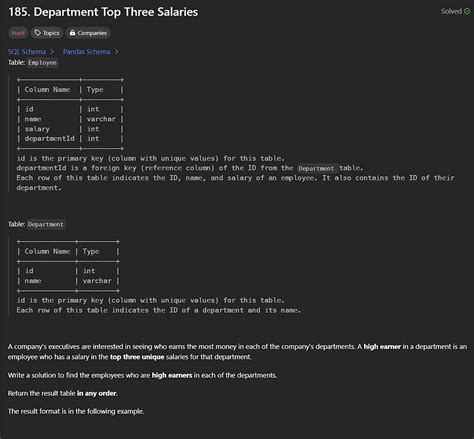 Mysql Leet Code 185 Department Top Three Salaries Hard