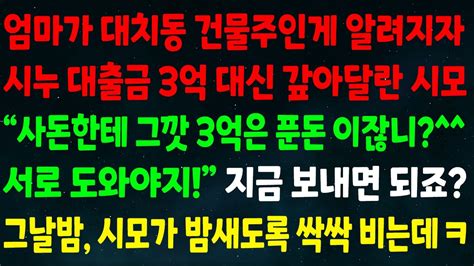 반전신청사연엄마가 대치동 건물주인게 알려지자 시누 대출금 3억 갚아달란 시모 사돈한텐 3억은 푼돈이잖니 서로 도와야지