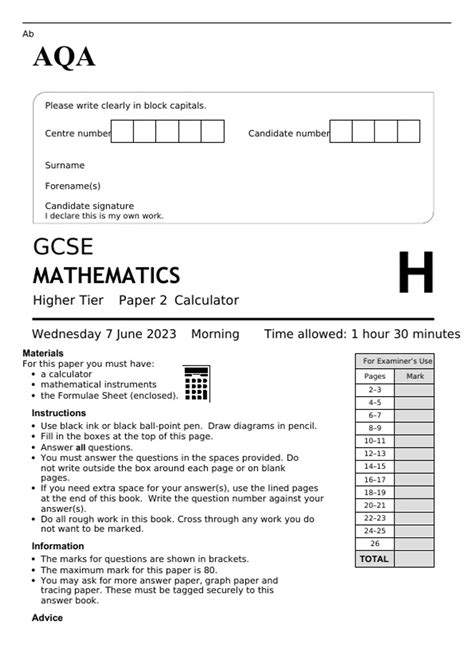 Aqa Gcse Mathematics Higher Tier Paper 2 Question Paper 2023 Calculator Gcse Mathematics