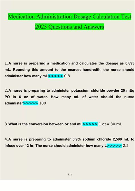 Medication Administration Dosage Calculation Test Questions Verified