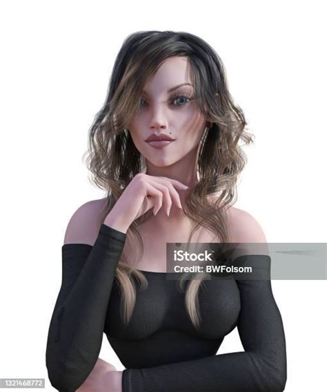 밝은 갈색 머리와 흰색 배경에 펜션 표정을 가진 여자의 그림 자기 성찰에 대한 스톡 사진 및 기타 이미지 자기 성찰 한