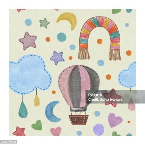 핸드 드로잉 수채화 원활 한 패턴 귀여운 어린이 인사말 카드 무지개 별 달 풍선 포스터 인쇄 엽서 카드 초대장 직물 직물 디자인에 사용 0명에 대한 스톡 벡터 아트 및 기타