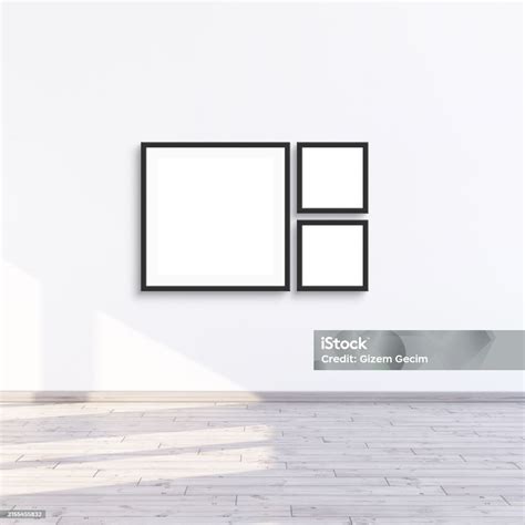 3 정사각형 프레임 모형은 햇빛이 비치는 흰 벽에 매달려 있으며 3d 렌더링 그림입니다 공란에 대한 스톡 사진 및 기타 이미지 공란 액자 검은색 Istock
