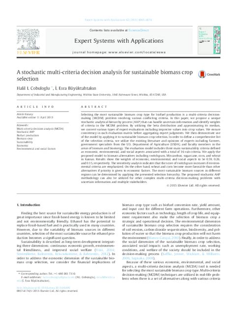 Pdf A Stochastic Multi Criteria Decision Analysis For Sustainable Biomass Crop Selection