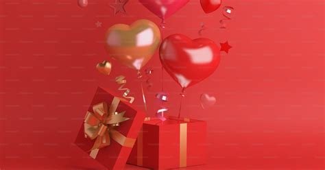 선물 상자 복사 공간이 있는 하트 모양 풍선 3d 렌더링 그림이 있는 행복한 발렌타인 데이 장식 사진 Unsplash의