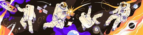 우주 공간을 비행하는 우주 비행사 수평 배너 Banner 우주인은 우주에 있습니다 우주 비행사의 우주 비행 우주복을 입은 사람들 헬멧 행성 별 사이를 우주 유영 평면 벡터