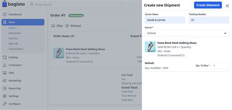 Create Shipment Bagisto User Documentation