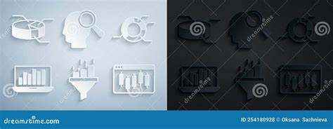 Set Sales Funnel With Chart Pie Infographic Laptop Browser Stocks Market Search People And