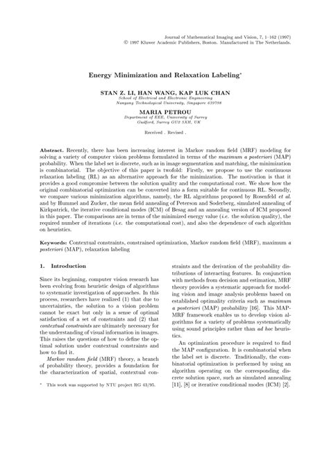 Pdf Minimization Of Mrf Energy With Relaxation Labeling