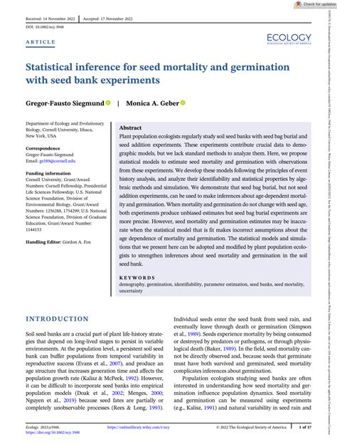 PDF Statistical Inference For Seed Mortality And Germination With Seed Bank Experiments