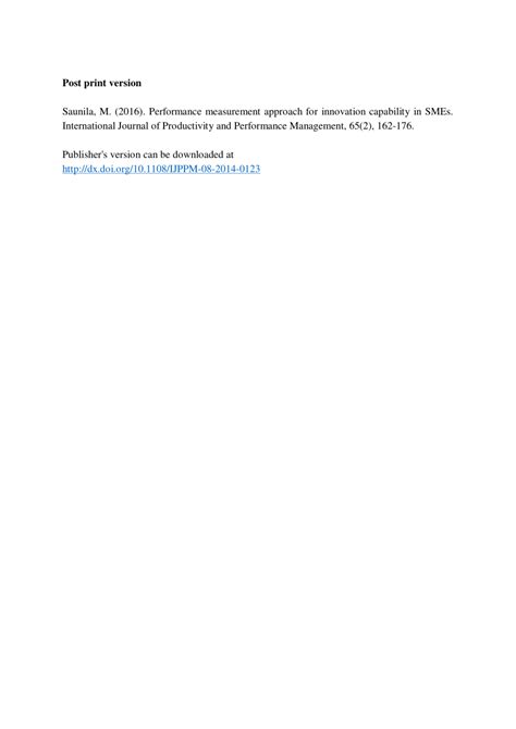 Pdf Performance Measurement Approach For Innovation Capability In Smes