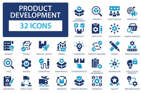제품 개발 플랫 아이콘 컬렉션 개념 아이디어 혁신 디자인 전략 계획 프로토 타입 팀워크 사인 세트 아이콘에 대한 스톡 벡터 아트 및 기타 이미지 Istock