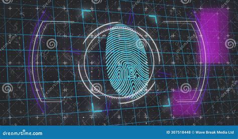 Image Of Scope Scanning And Biometric Fingerprint Data Processing On Black Background Stock