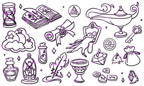 Set Of Purple Contoured Doodle Style Magic Items Witch Monochrome